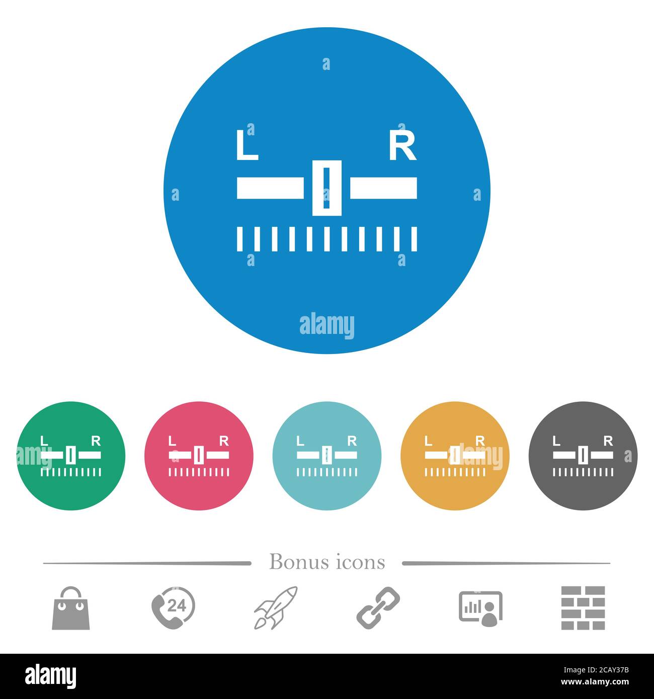 Audio balance control flat white icons on round color backgrounds. 6 ...