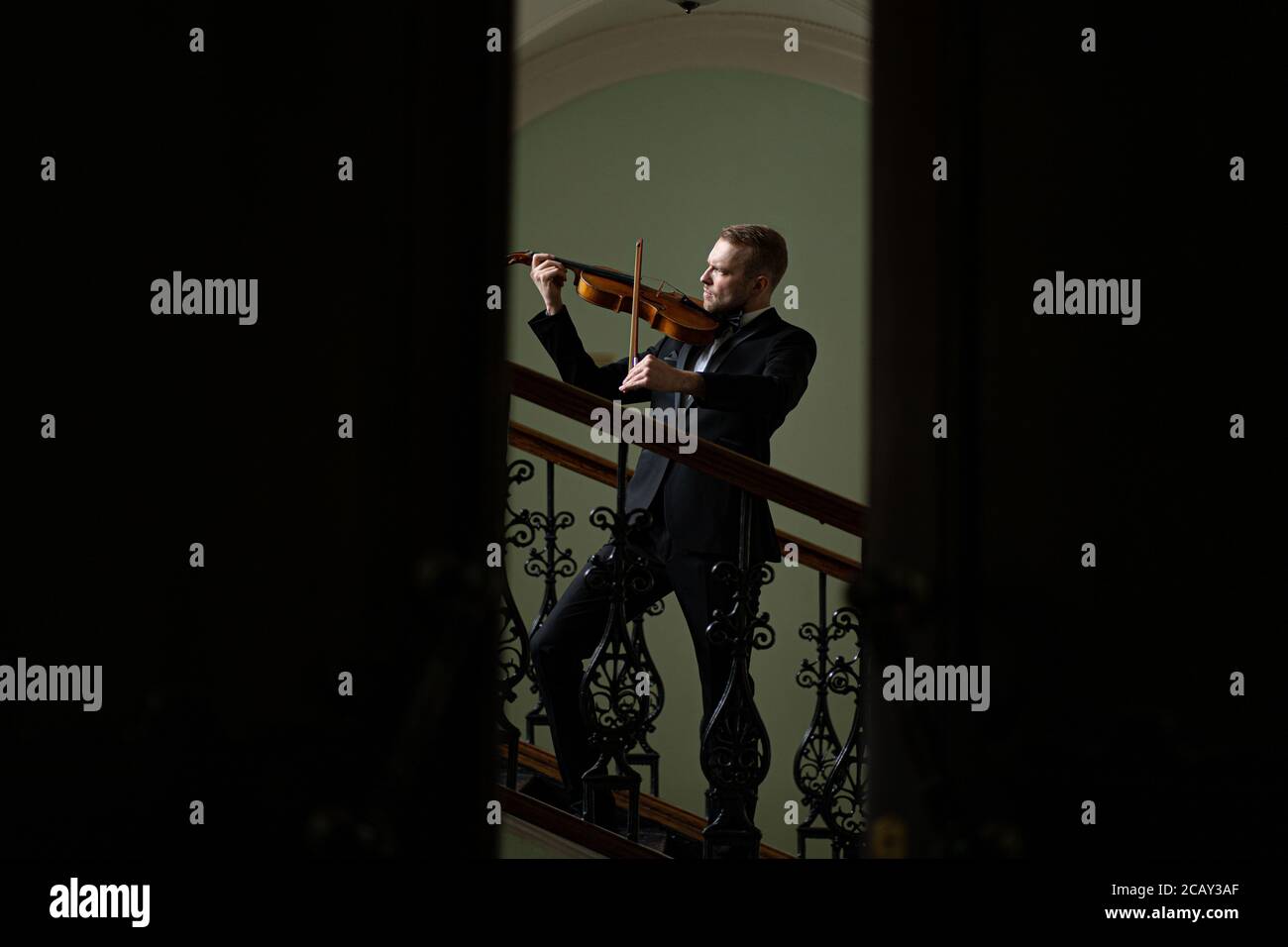 handsome caucasian guy with classic instrument violin, talented male ...