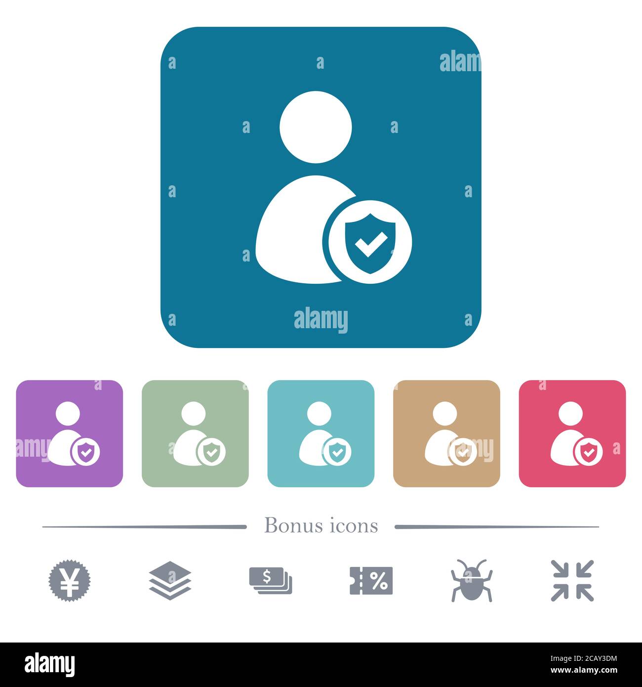 User account protected white flat icons on color rounded square ...