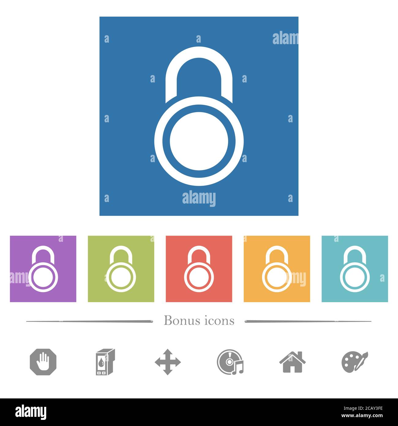 Locked round padlock flat white icons in square backgrounds. 6 bonus ...
