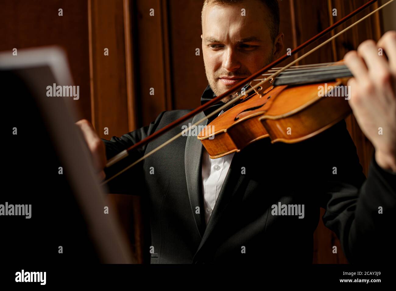 young talented professional man gracefully play violin, handsome ...