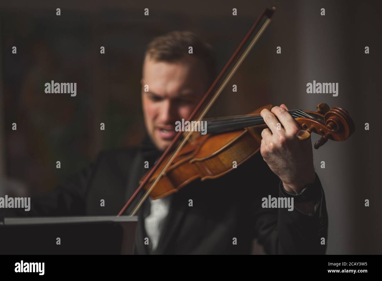 handsome caucasian guy with classic instrument violin, talented male ...