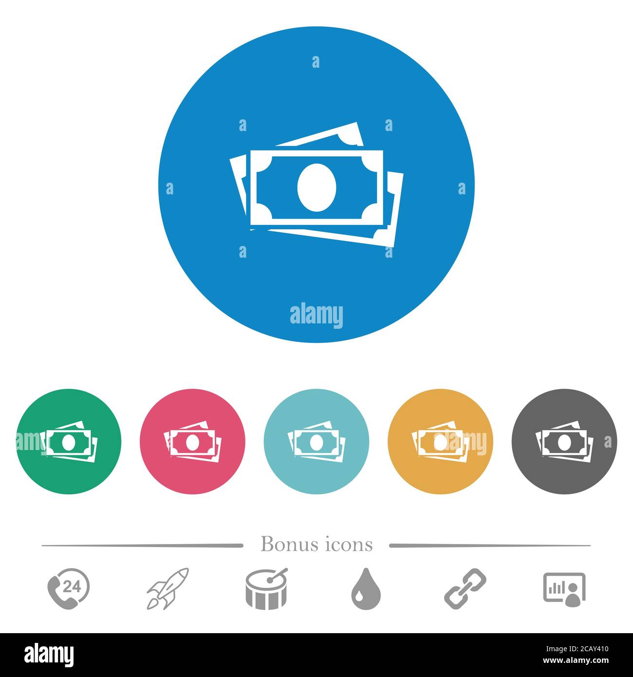 More banknotes flat white icons on round color backgrounds. 6 bonus ...