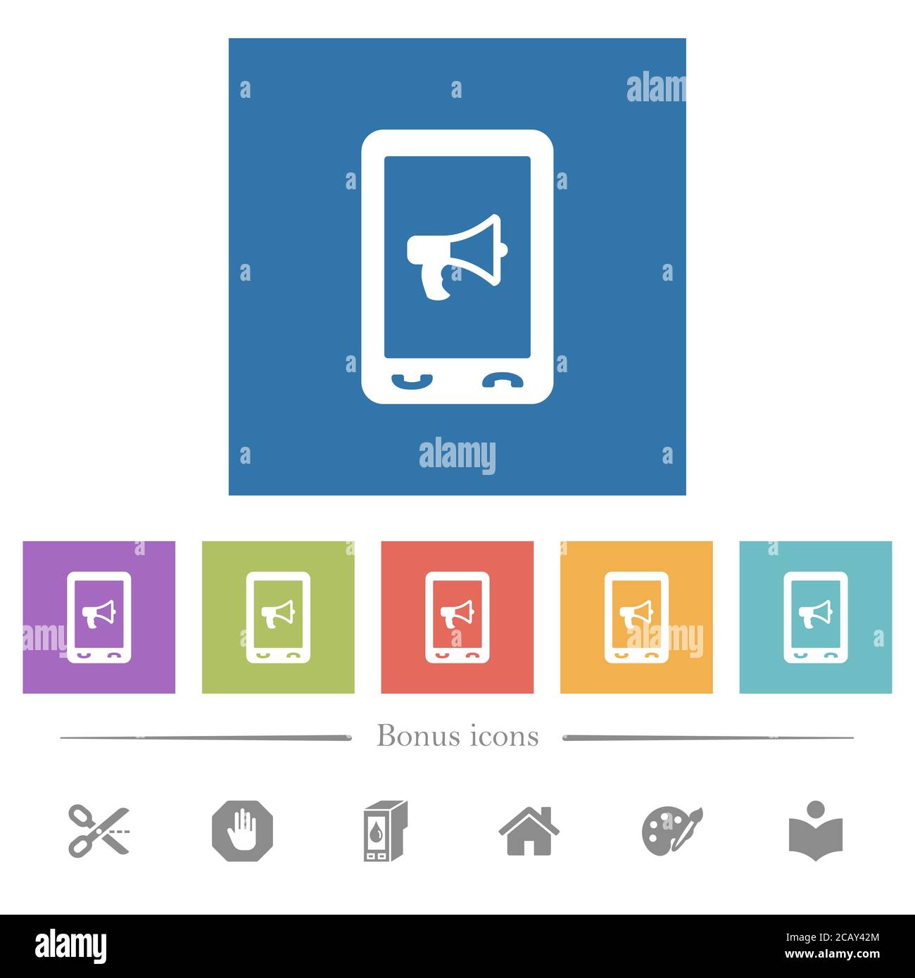 Mobile reading aloud flat white icons in square backgrounds. 6 bonus ...