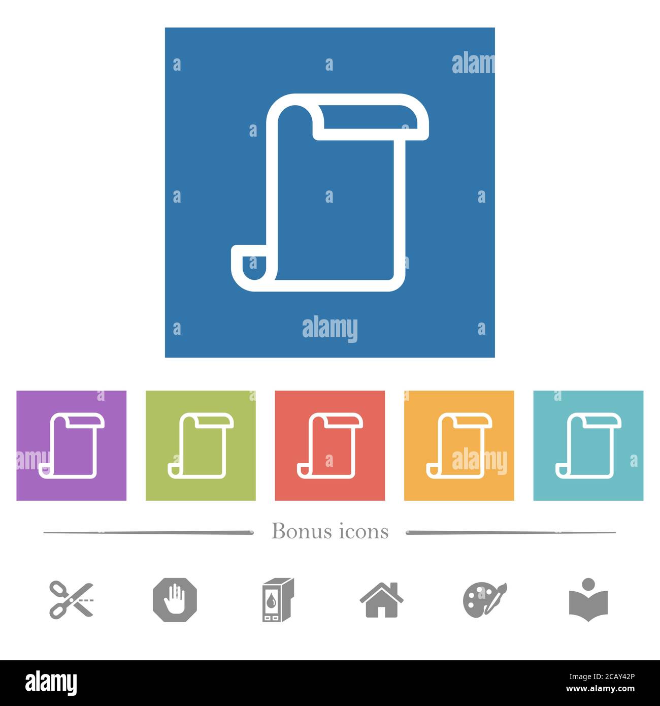 Blank paper scroll flat white icons in square backgrounds. 6 bonus ...