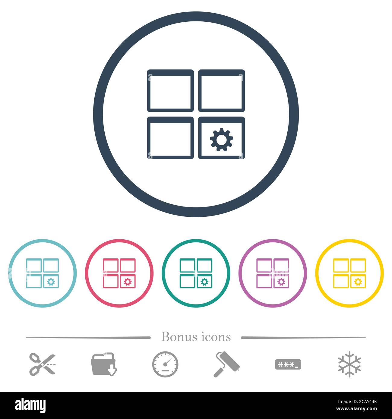 Dashboard settings flat color icons in round outlines. 6 bonus icons ...