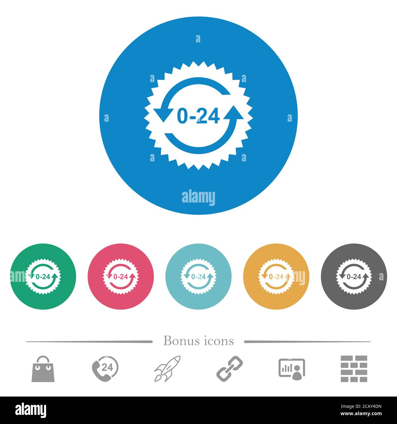 24 hours sticker with arrows flat white icons on round color ...