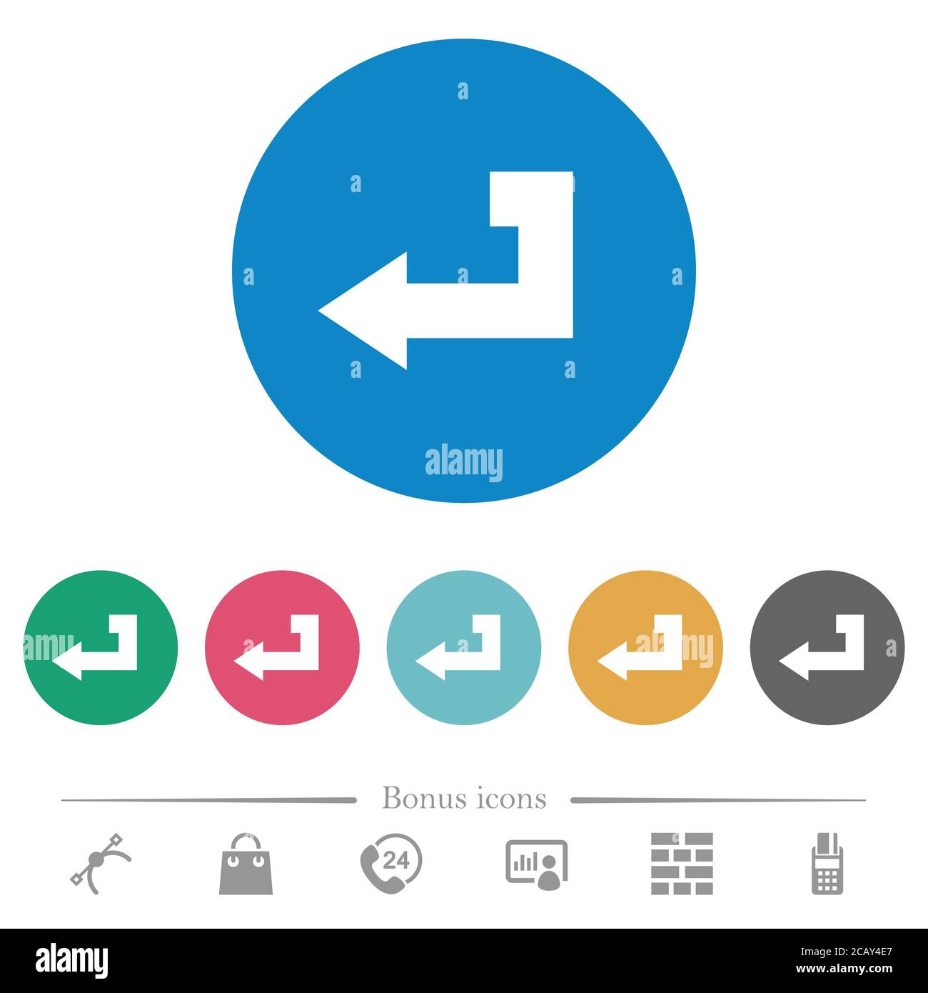 Return key flat white icons on round color backgrounds. 6 bonus icons ...