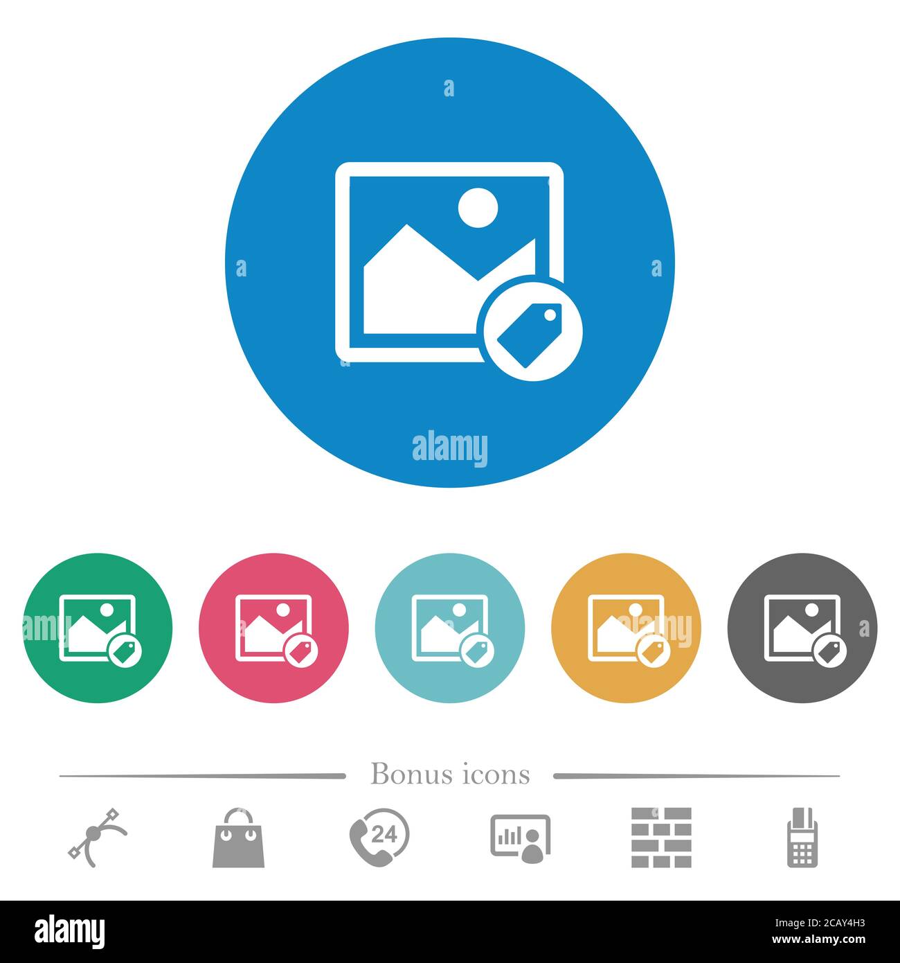 Image tagging flat white icons on round color backgrounds. 6 bonus ...
