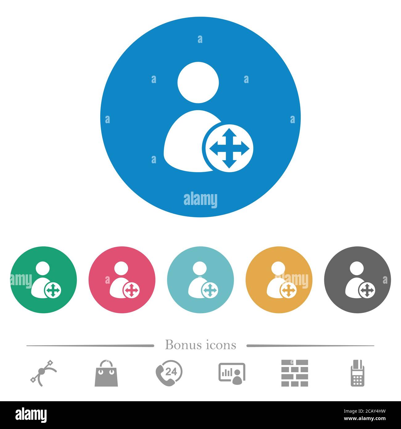 Move user flat white icons on round color backgrounds. 6 bonus icons ...