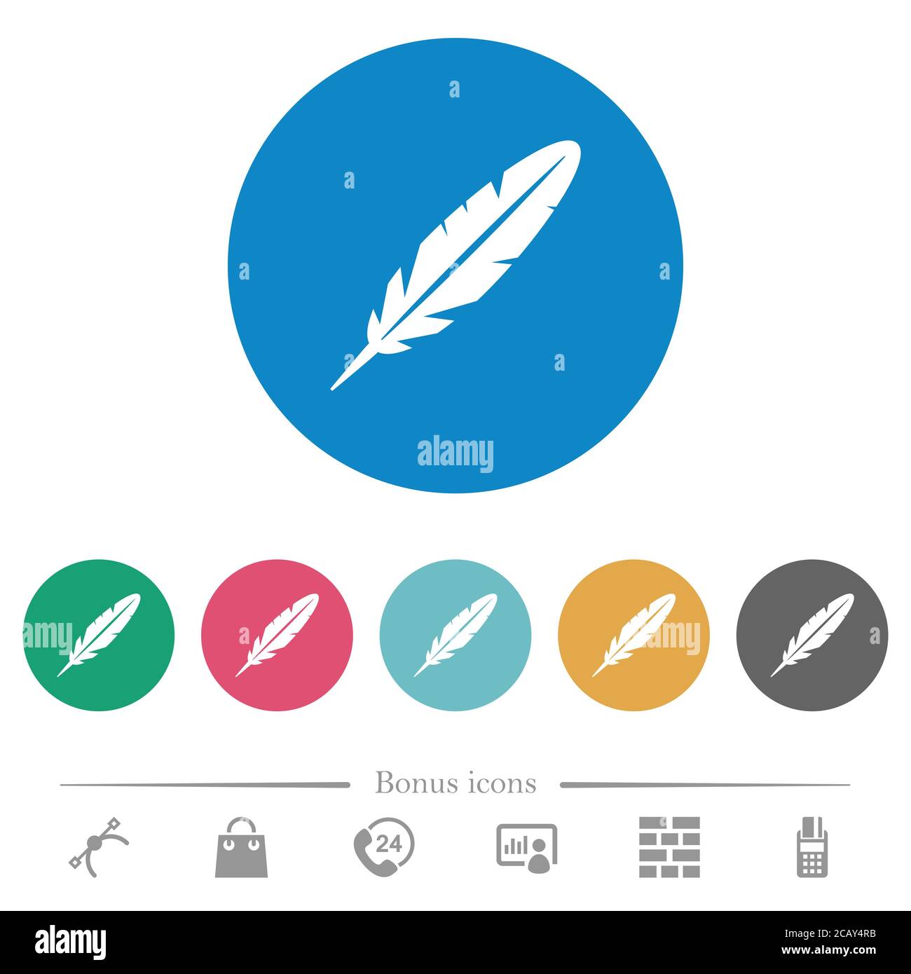 Single feather flat white icons on round color backgrounds. 6 bonus ...