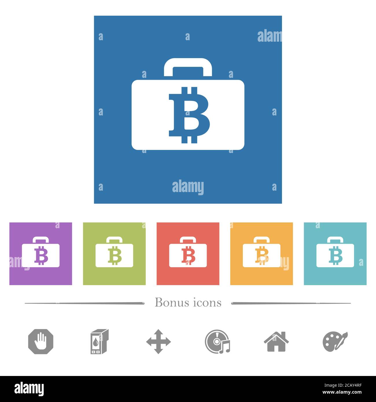 Bitcoin bag flat white icons in square backgrounds. 6 bonus icons ...