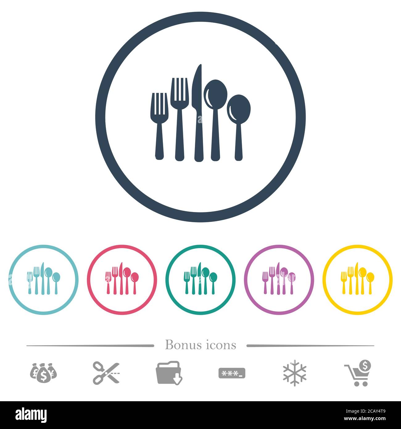 Cutlery flat color icons in round outlines. 6 bonus icons included ...