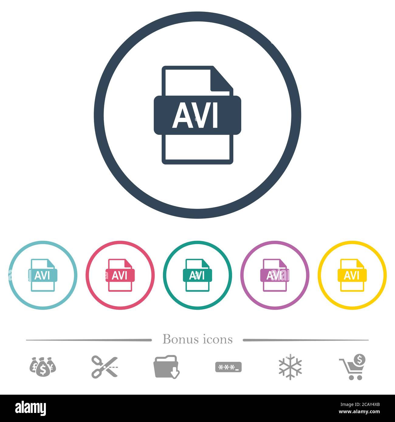 AVI file format flat color icons in round outlines. 6 bonus icons ...