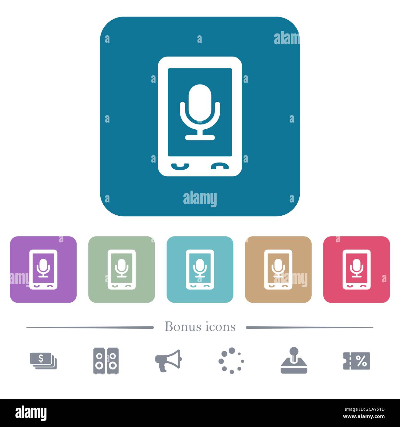 Mobile recording white flat icons on color rounded square backgrounds ...