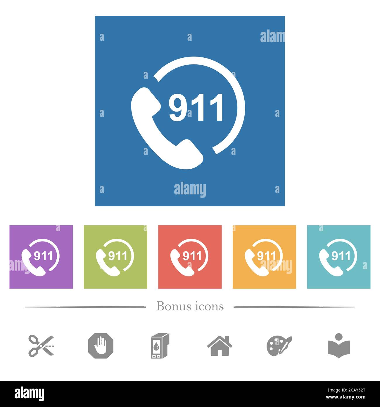Emergency call 911 flat white icons in square backgrounds. 6 bonus ...