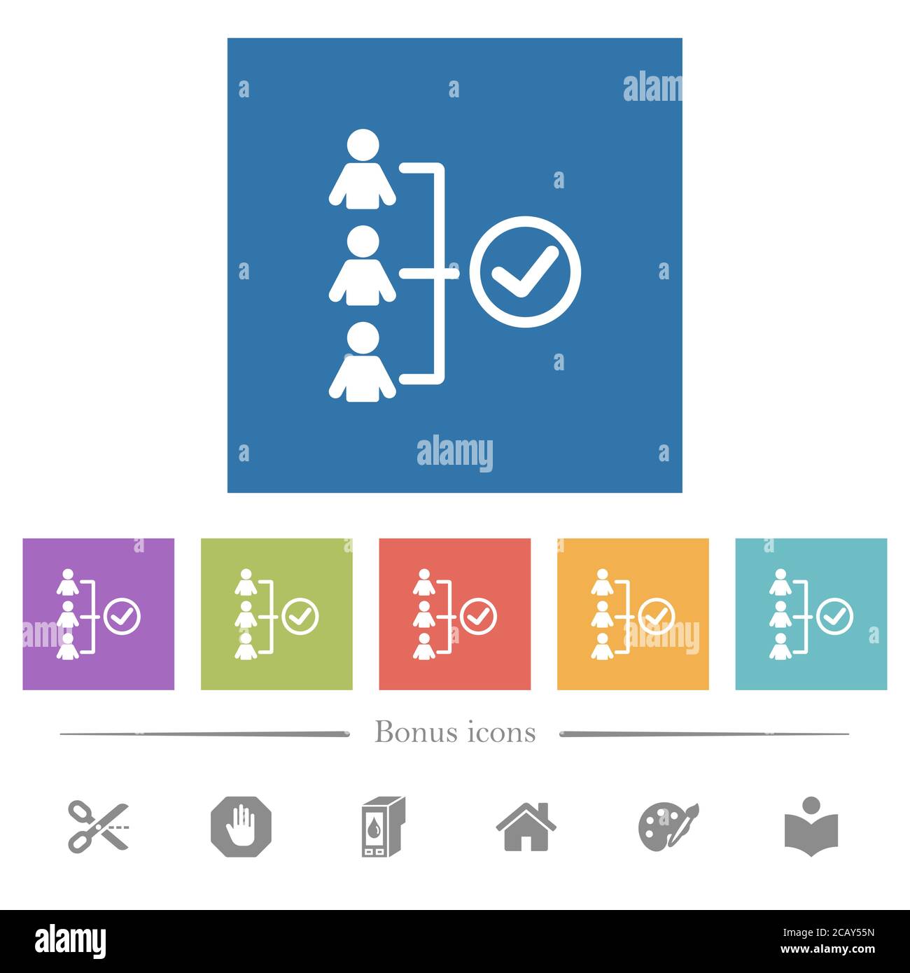 Successful teamwork flat white icons in square backgrounds. 6 bonus ...