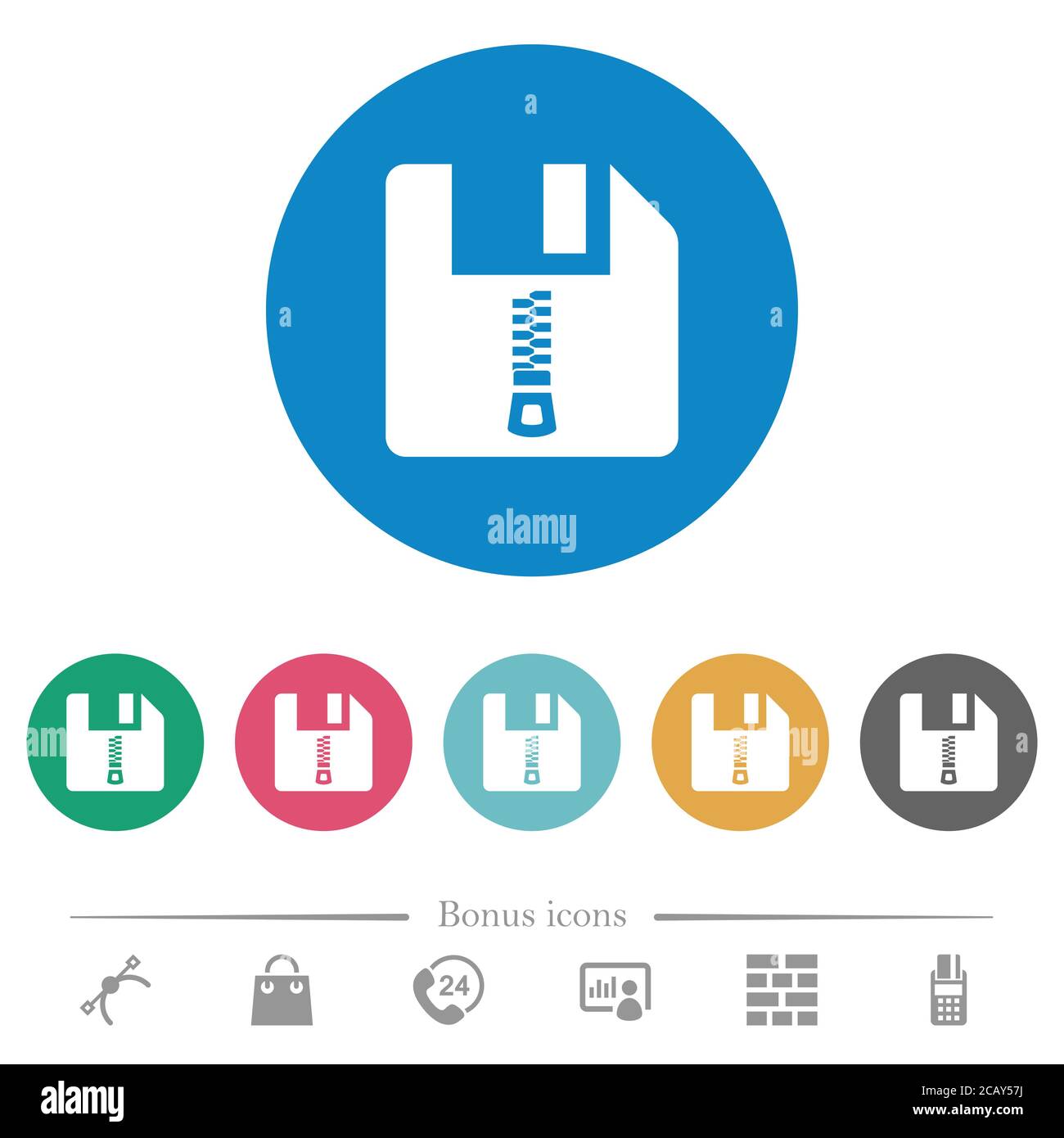 Compressed file flat white icons on round color backgrounds. 6 bonus ...