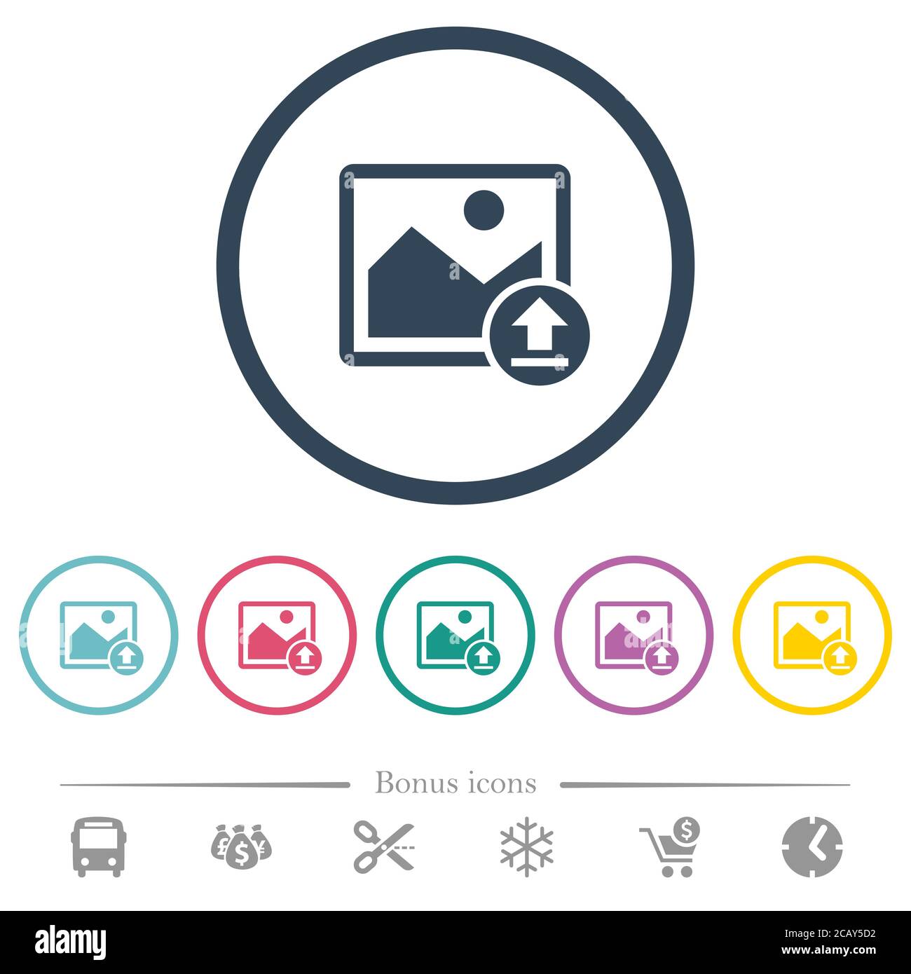 Upload image flat color icons in round outlines. 6 bonus icons included ...