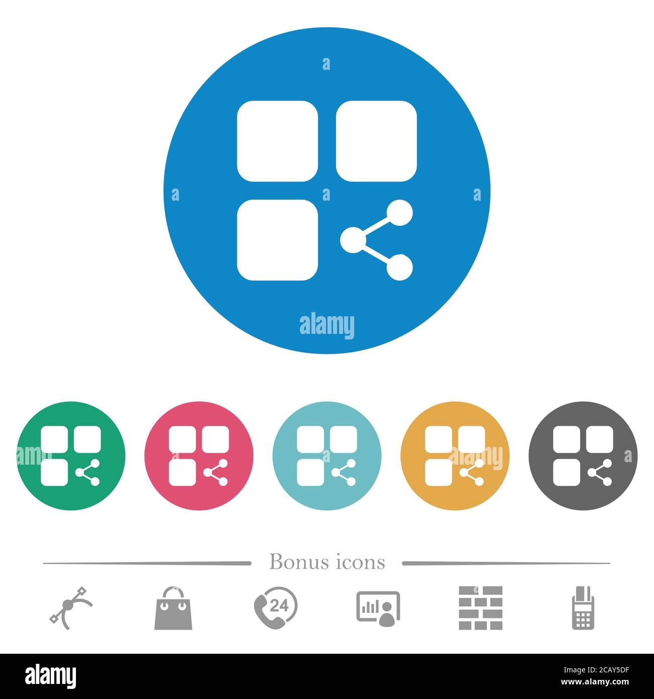Share component flat white icons on round color backgrounds. 6 bonus ...