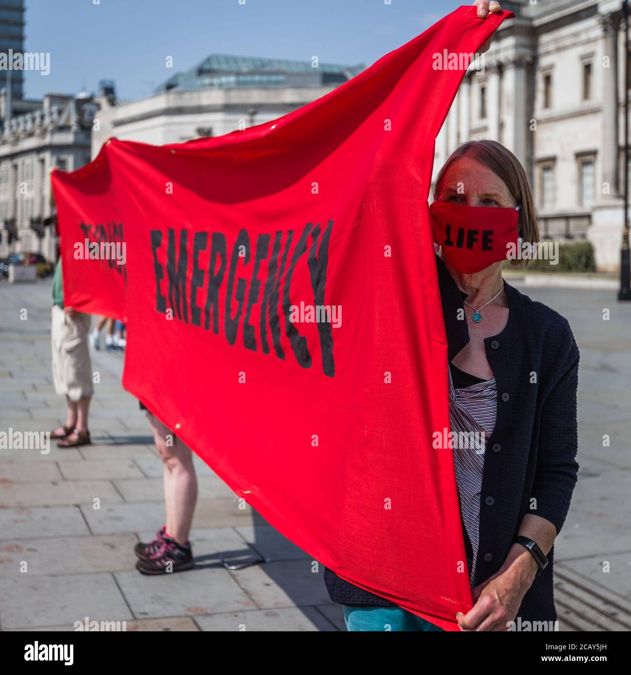 Extinction Rebellion hold up a banner in Trafalgar Square during a ...