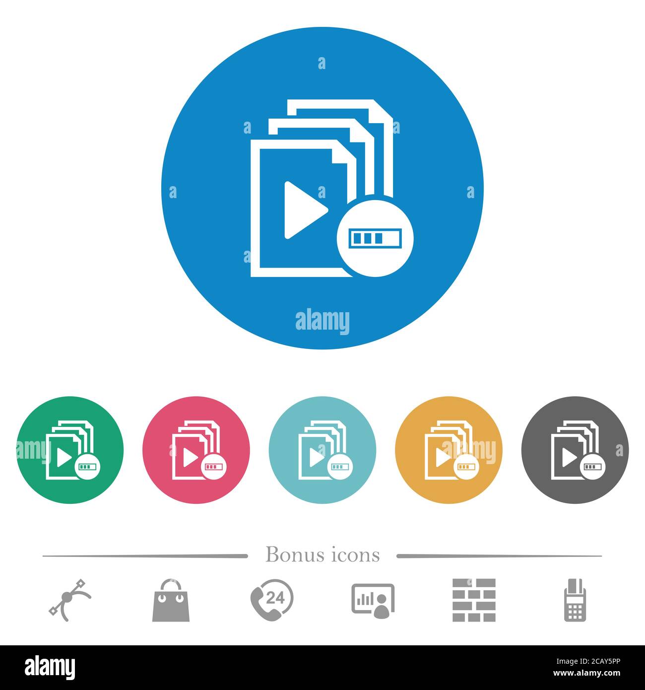Processing playlist flat white icons on round color backgrounds. 6 ...