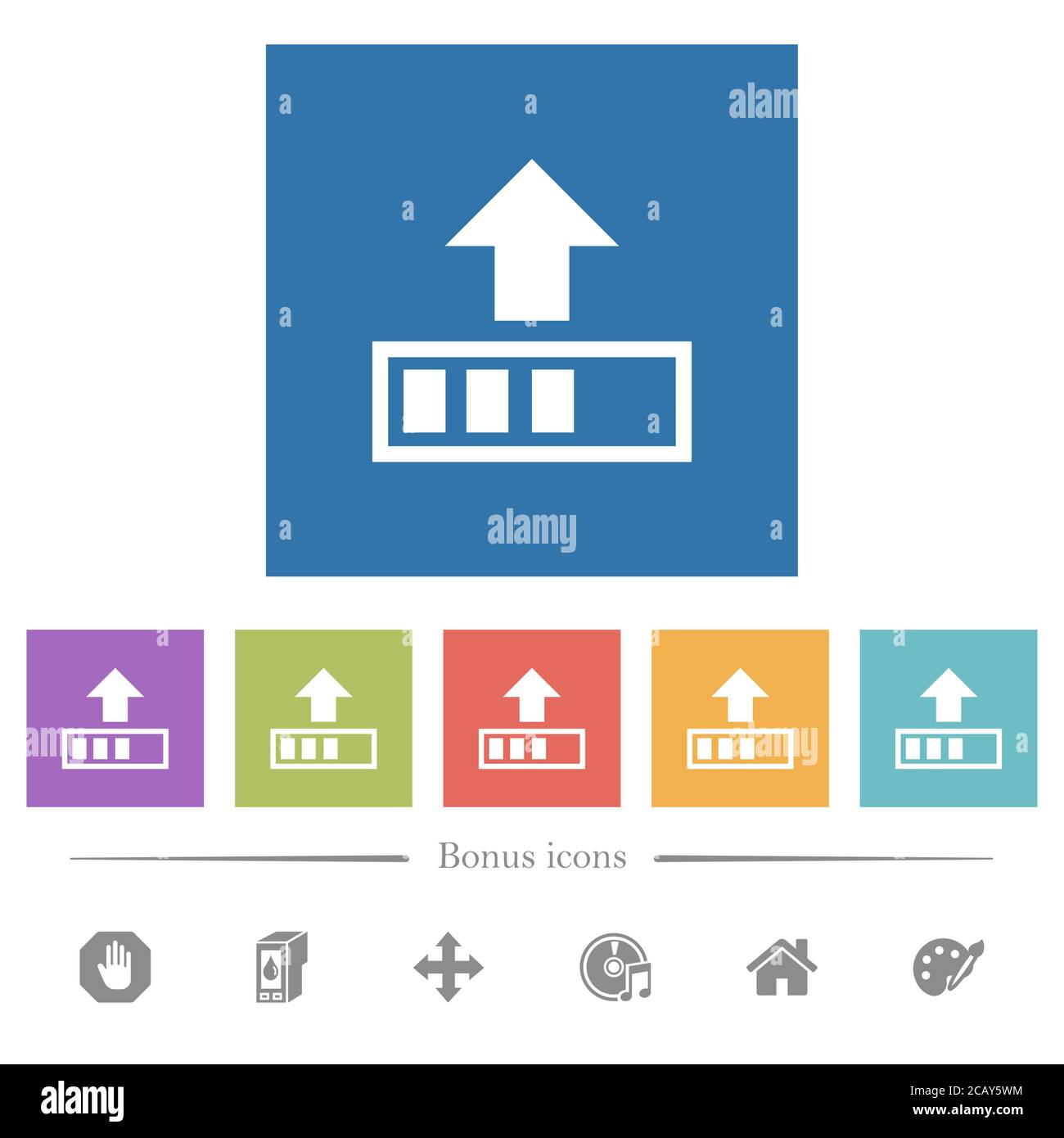 Upload in progress flat white icons in square backgrounds. 6 bonus ...
