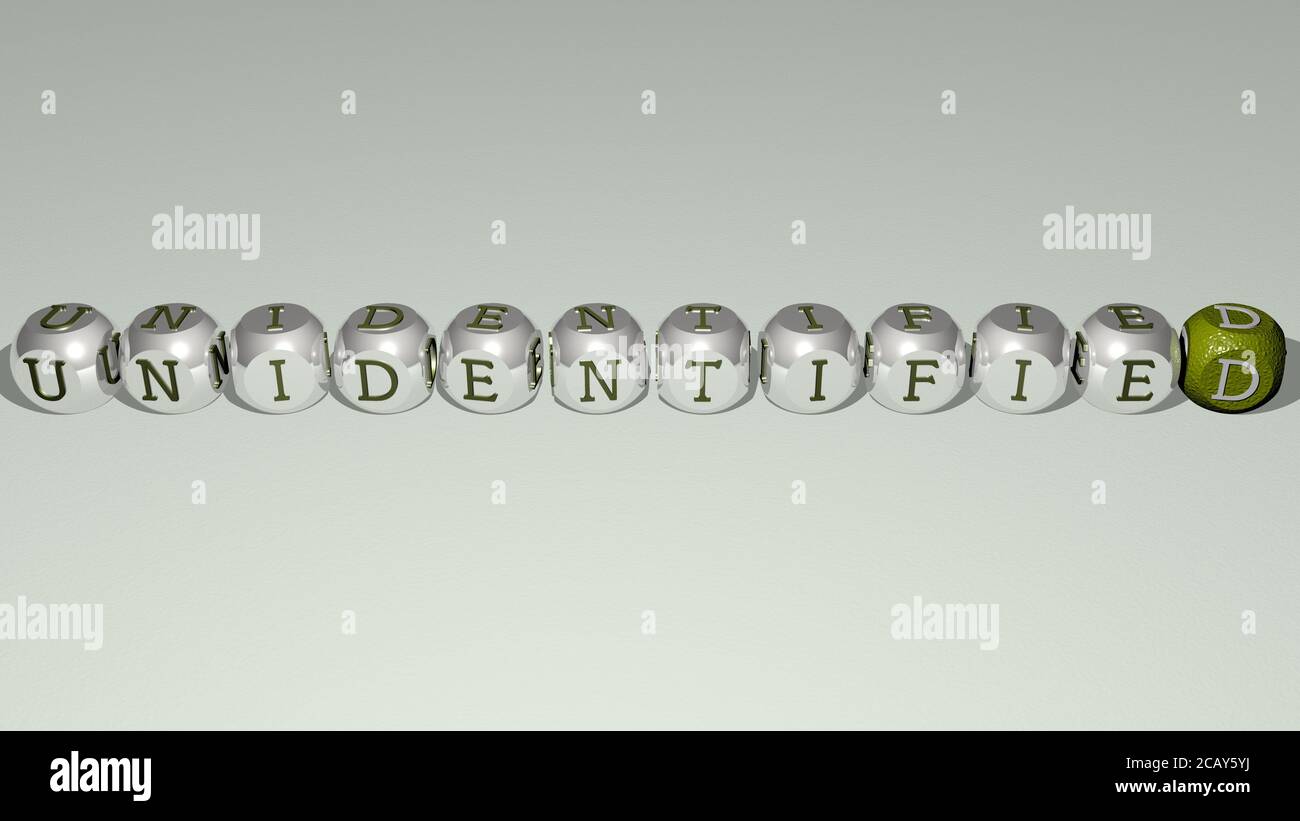unidentified text by cubic dice letters. 3D illustration. editorial and ...