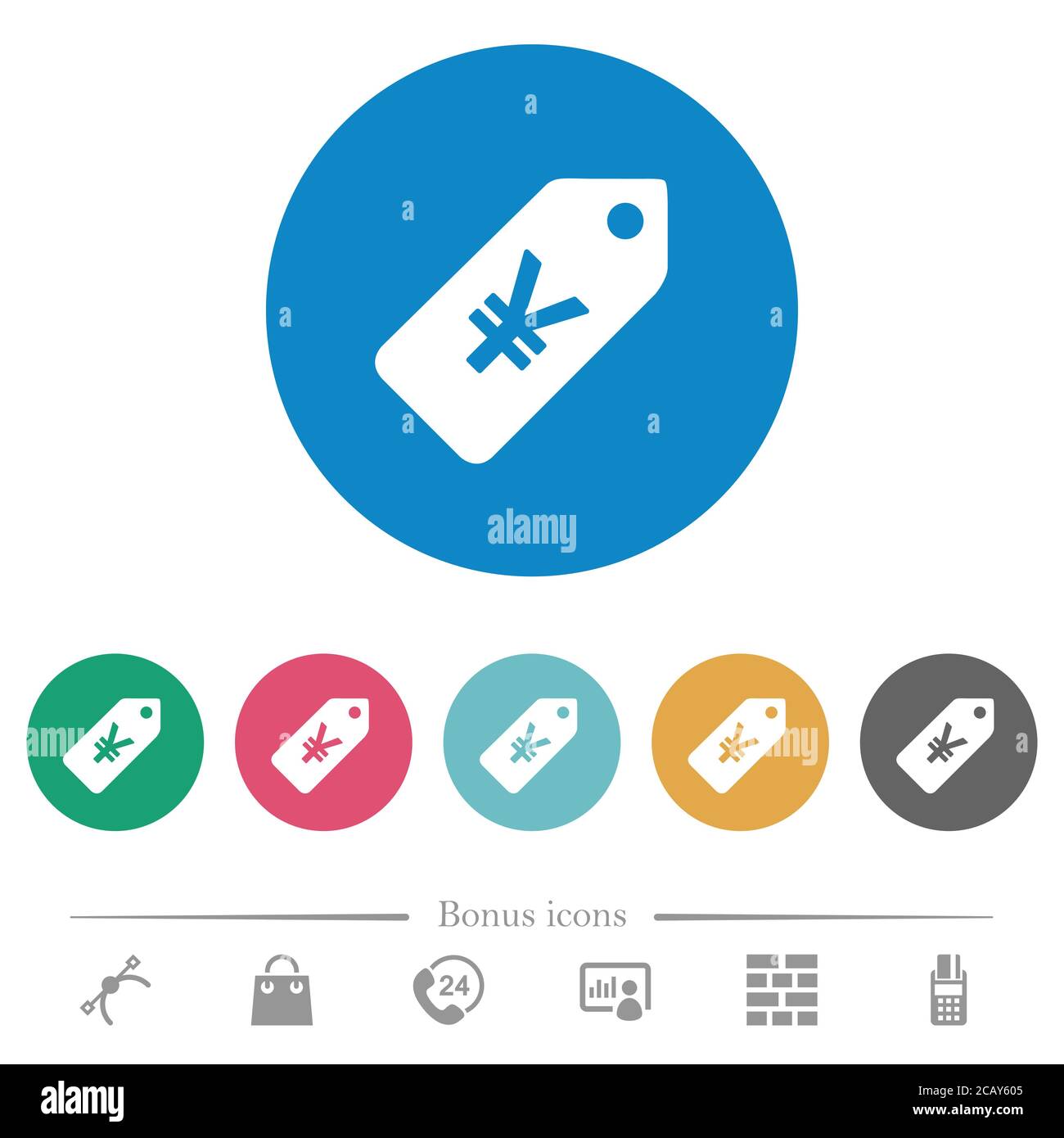 Yen price label flat white icons on round color backgrounds. 6 bonus ...