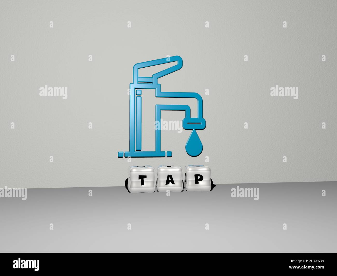 tap 3D icon on the wall and cubic letters on the floor. 3D illustration ...
