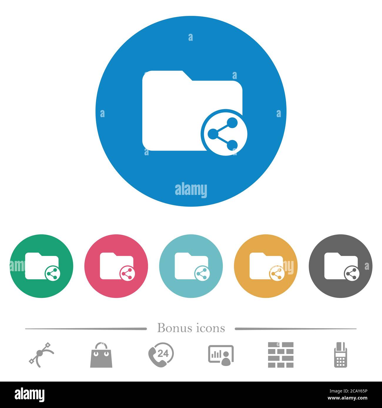 Share directory flat white icons on round color backgrounds. 6 bonus ...