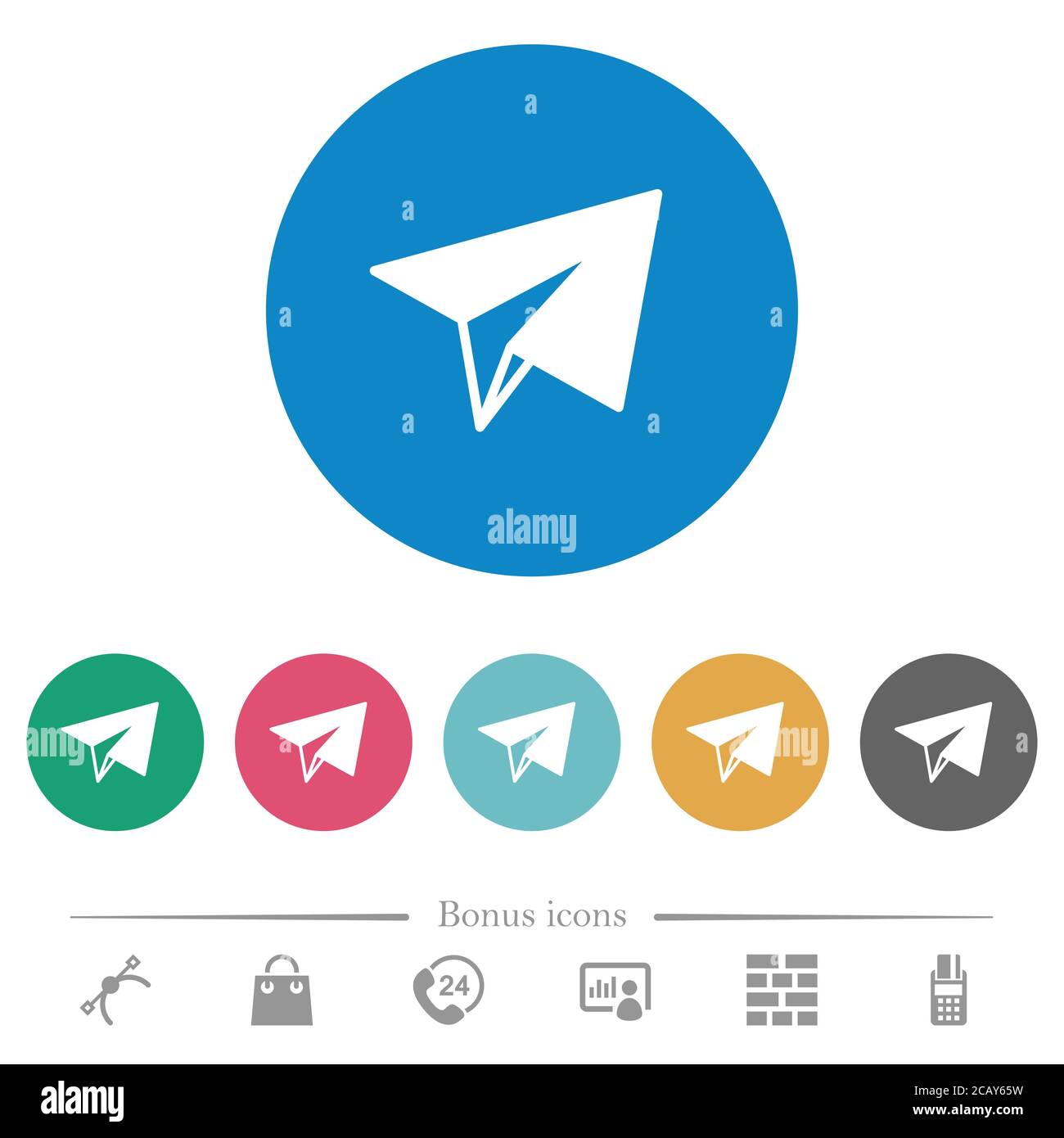 Paper plane flat white icons on round color backgrounds. 6 bonus icons ...