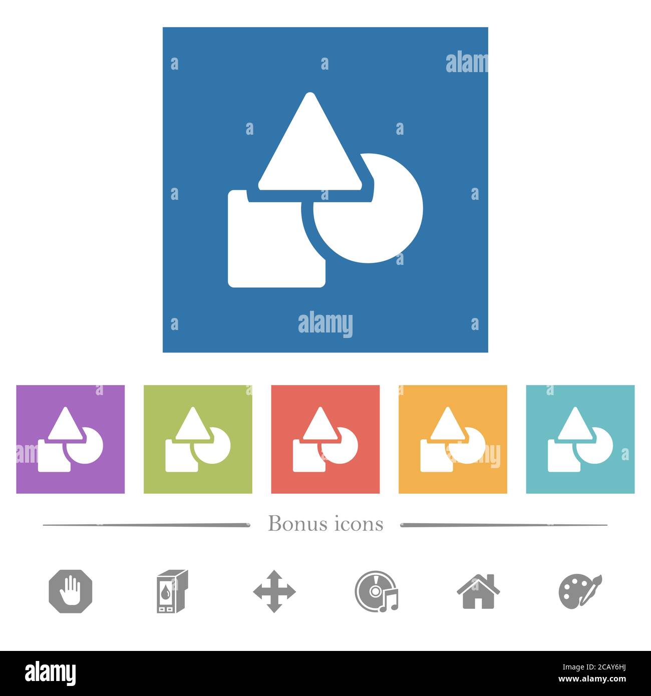 Basic geometric shapes flat white icons in square backgrounds. 6 bonus ...