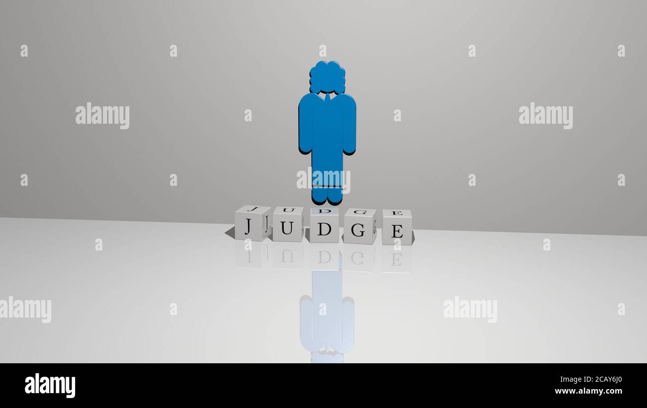 JUDGE text of cubic dice letters on the floor and 3D icon on the wall ...