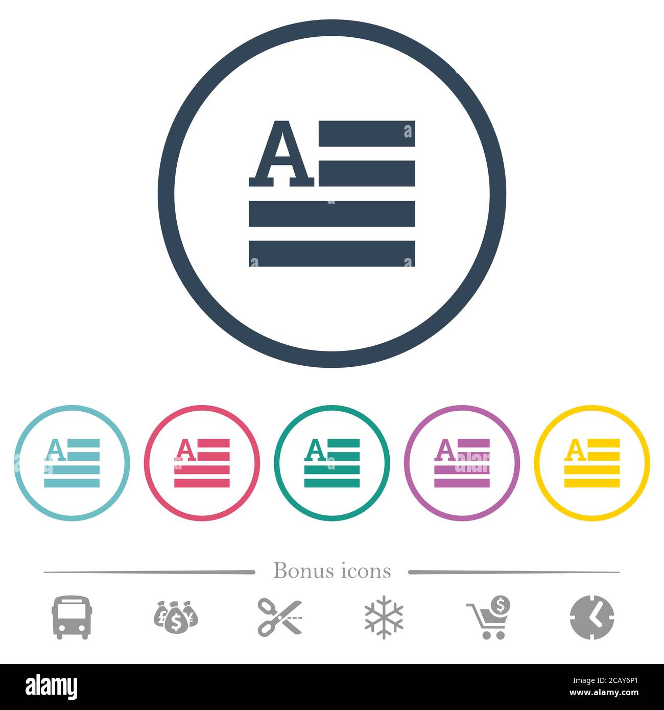 Text initials flat color icons in round outlines. 6 bonus icons ...