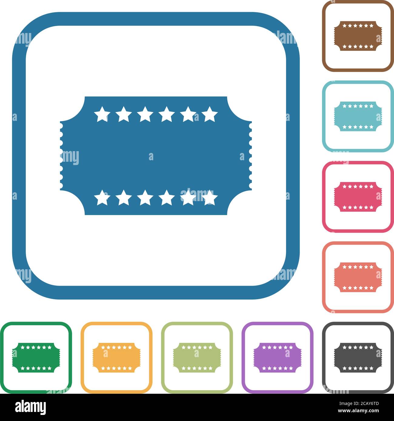 Ticket with stars simple icons in color rounded square frames on white ...