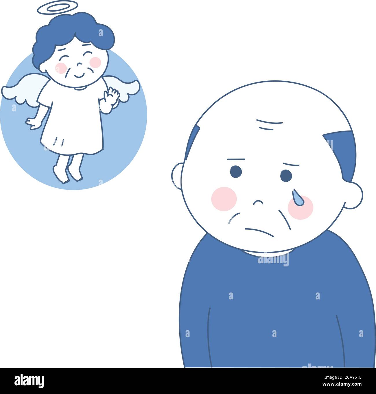 Elderly man reminiscing about his late wife. Two-tone vector ...