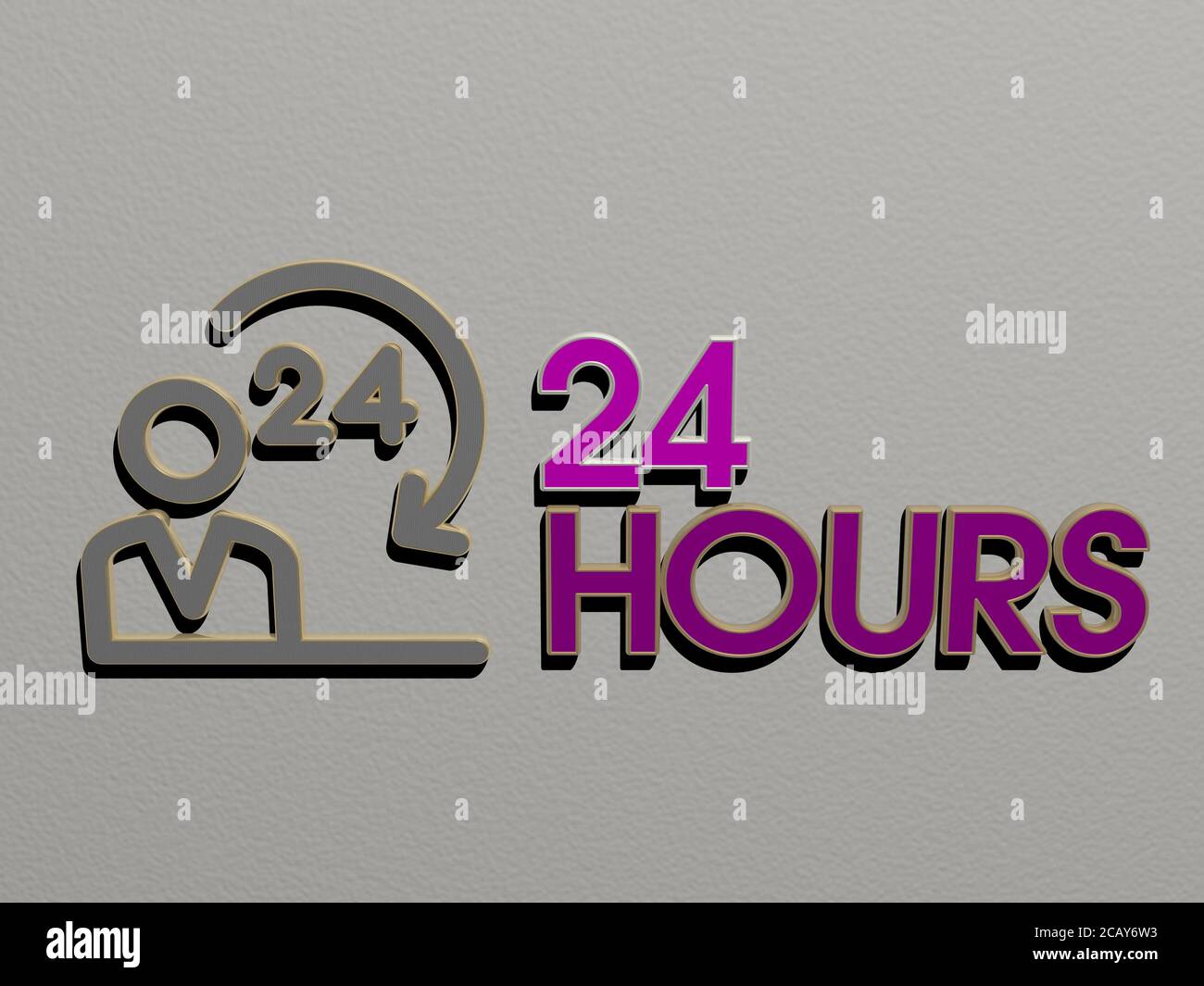 24 HOURS icon and text on the wall. 3D illustration. 24 and editorial ...