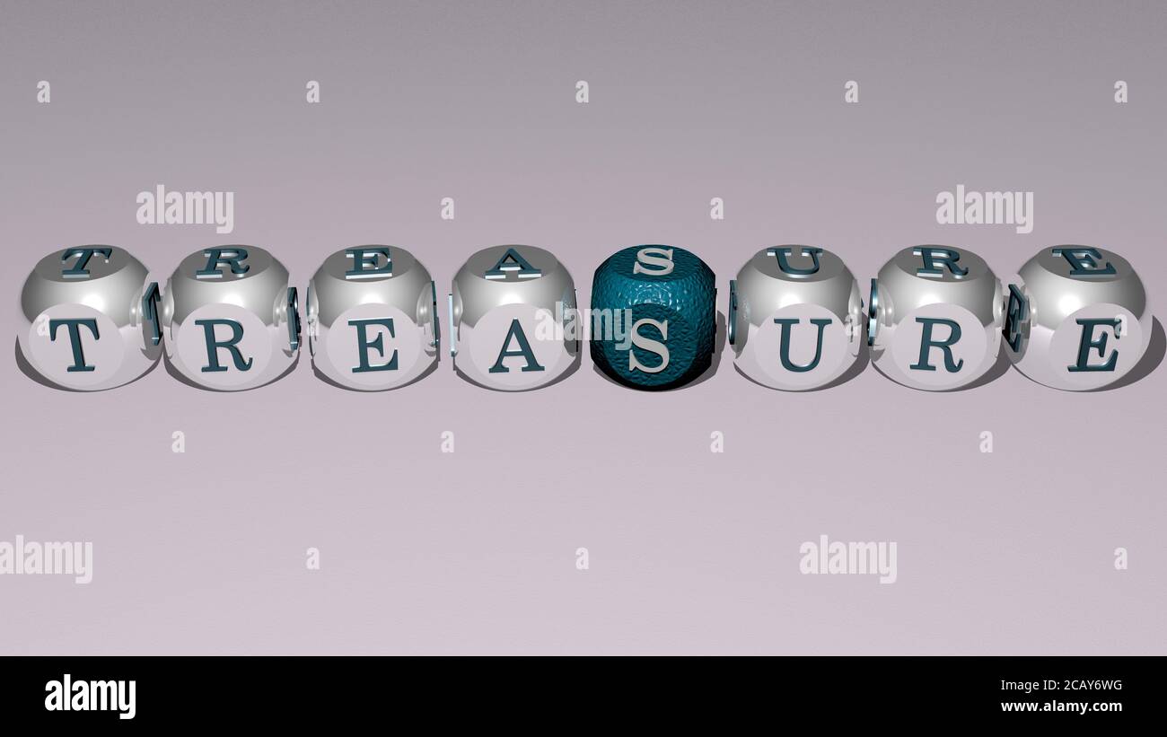 TREASURE text by cubic dice letters. 3D illustration. background and ...