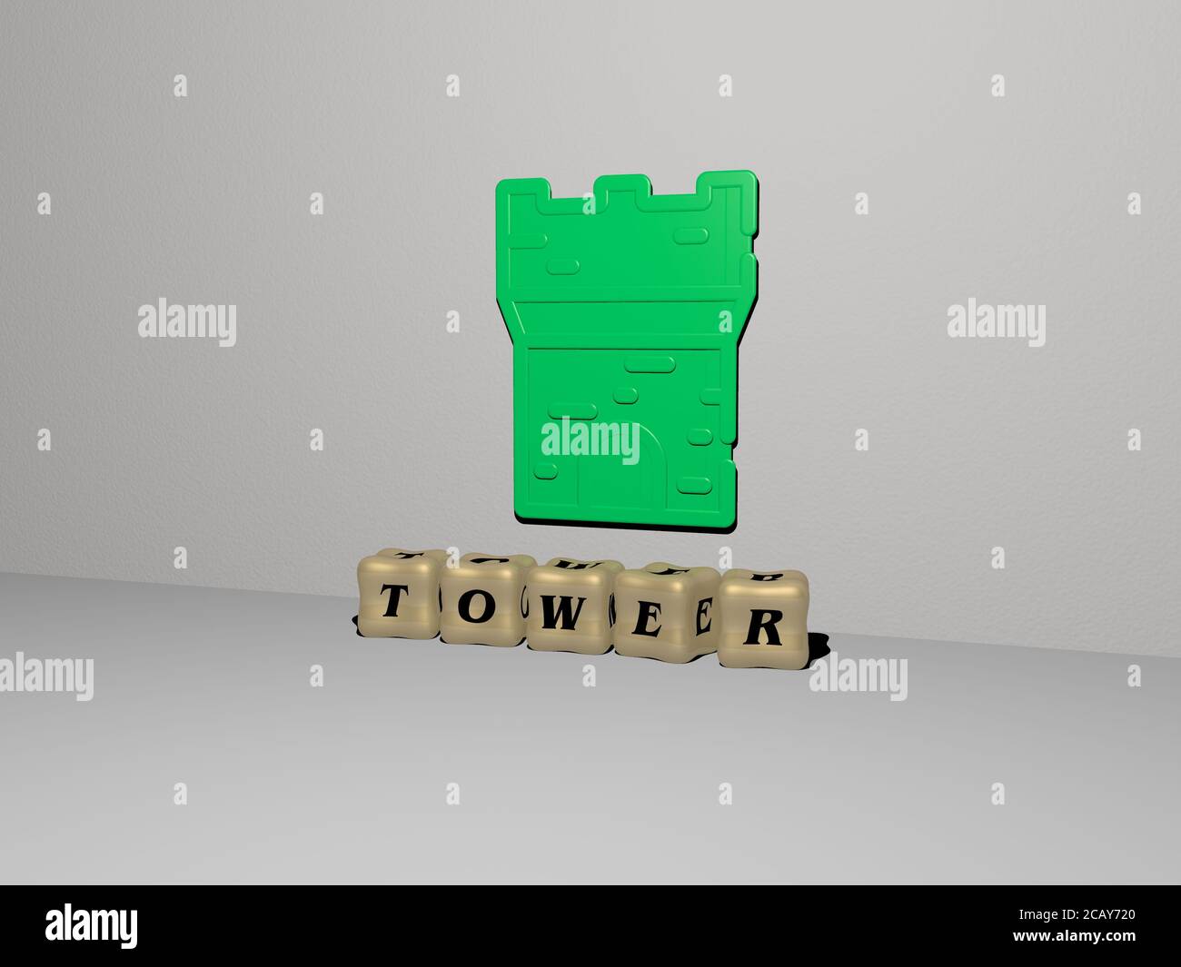 tower 3D icon on the wall and cubic letters on the floor. 3D ...
