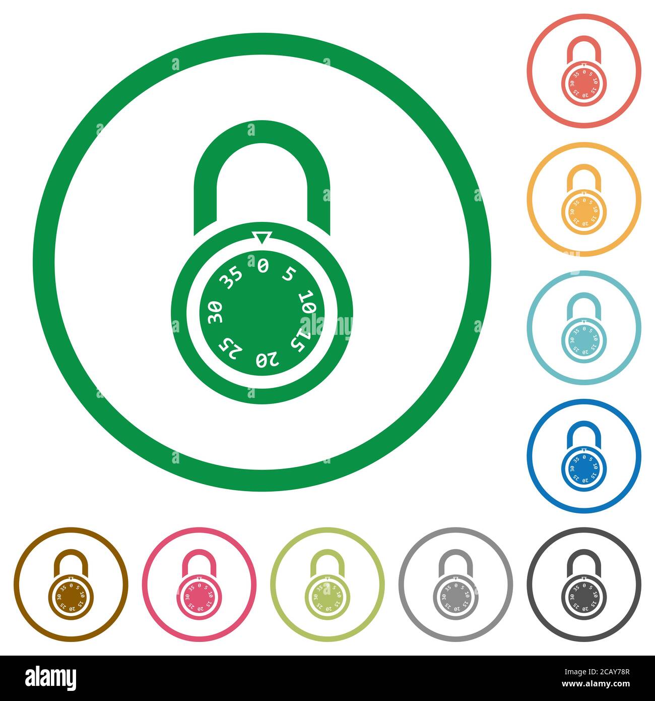 Locked round combination lock flat color icons in round outlines on ...