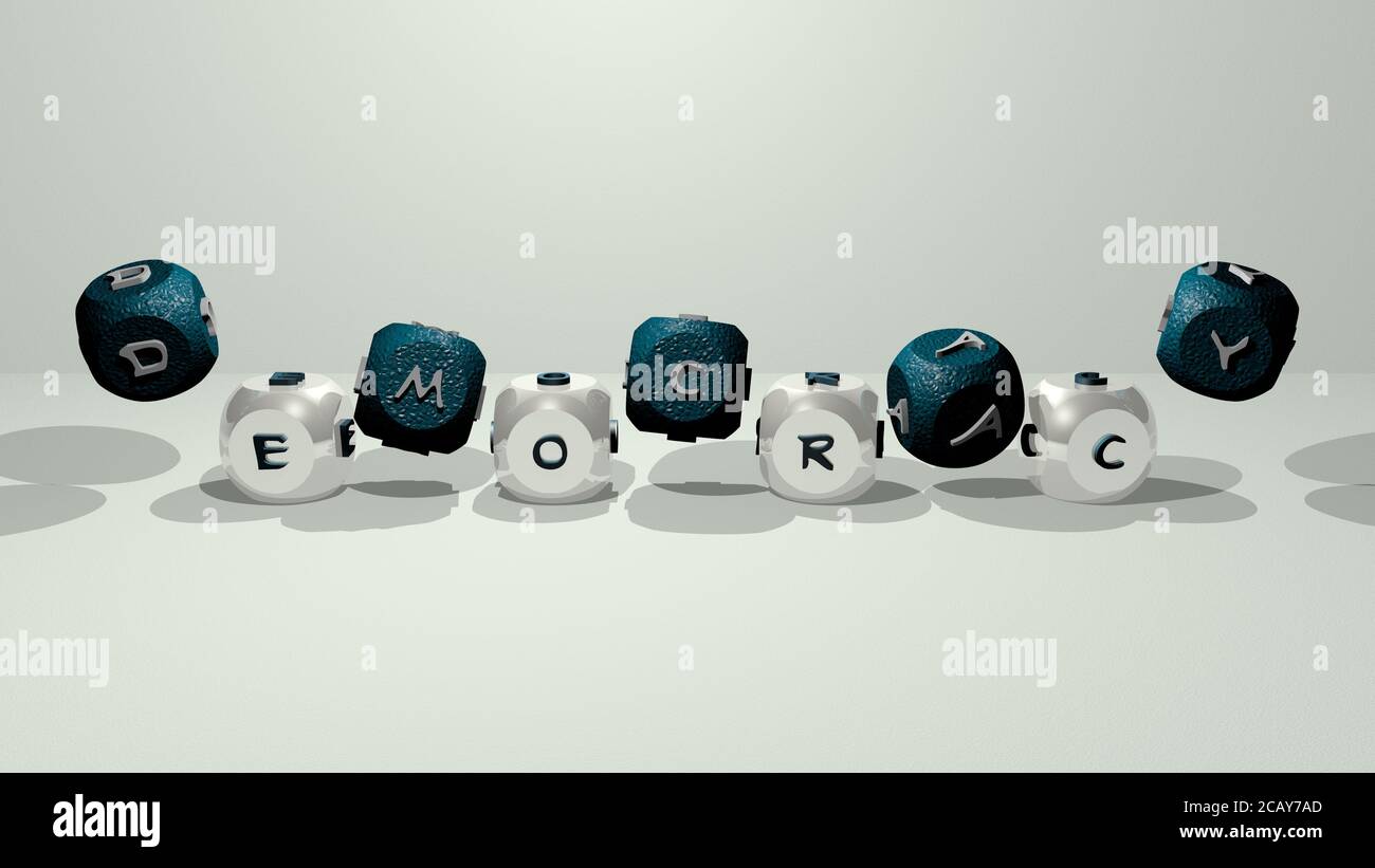 DEMOCRACY dancing cubic letters. 3D illustration. flag and background ...