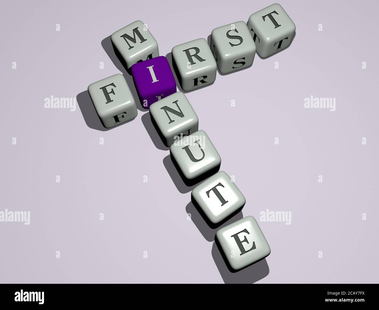 FIRST MINUTE crossword by cubic dice letters. 3D illustration. clock ...