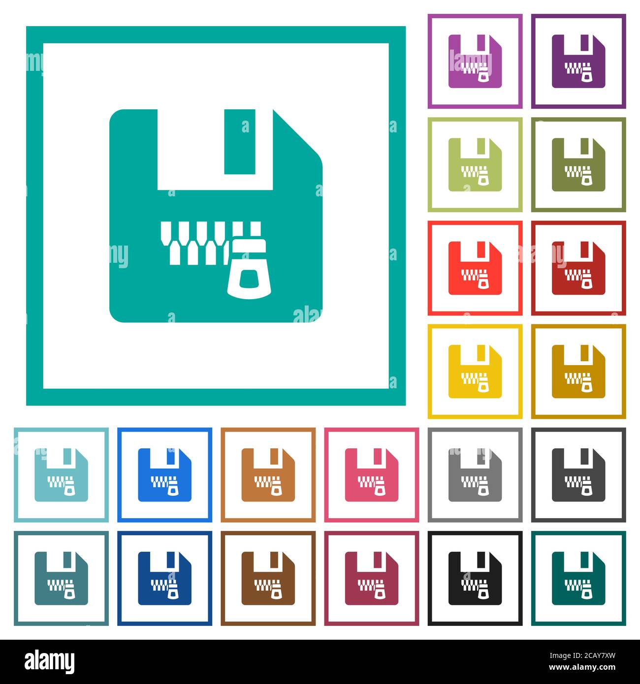 Zipped file flat color icons with quadrant frames on white background ...