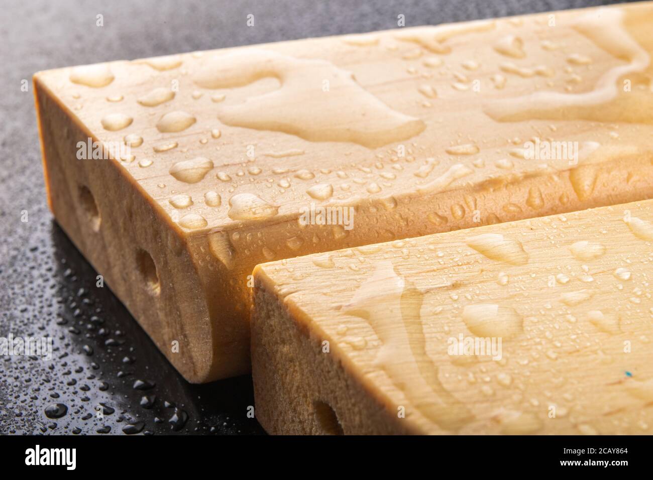 Wet wood processed and varnished in a carpentry shop. Ready-made ...