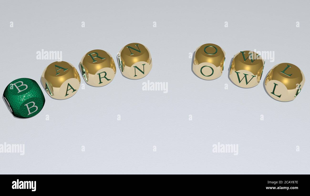 BARN OWL text of dice letters with curvature. 3D illustration. farm and ...