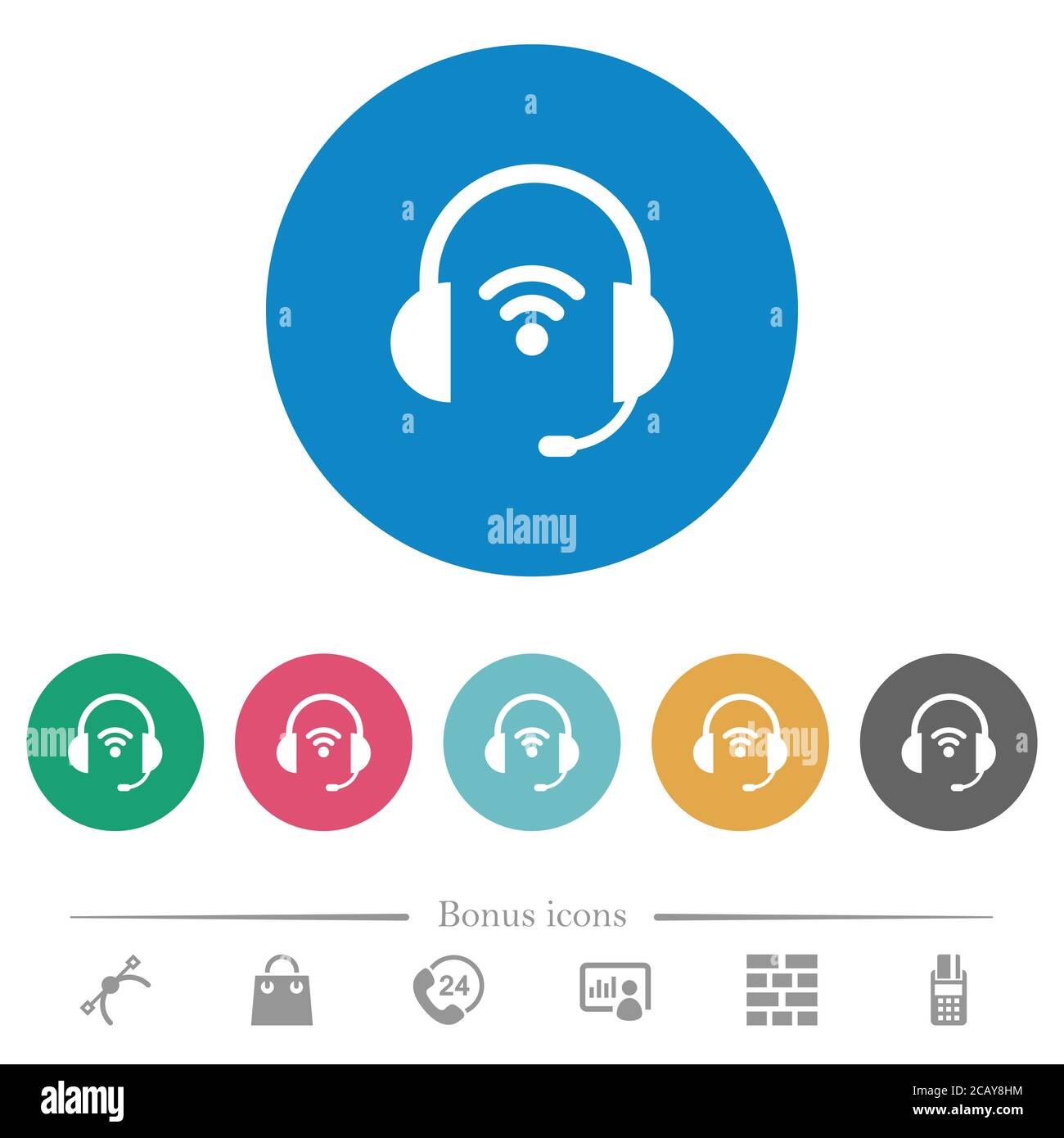 Wireless headset flat white icons on round color backgrounds. 6 bonus ...