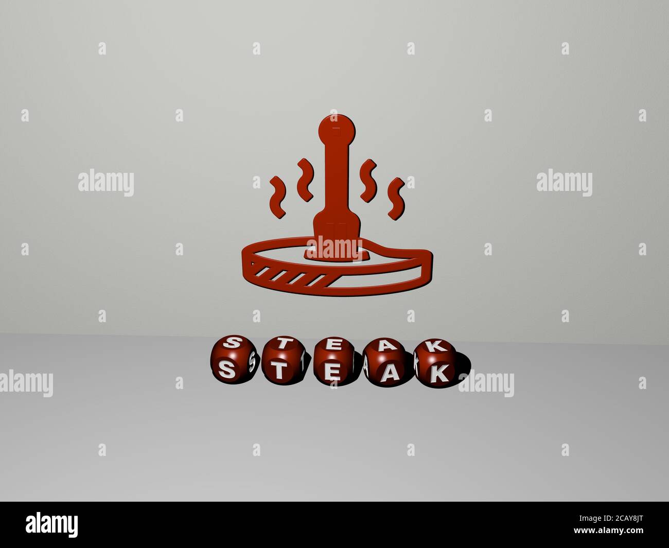 STEAK 3D icon on the wall and text of cubic alphabets on the floor. 3D ...