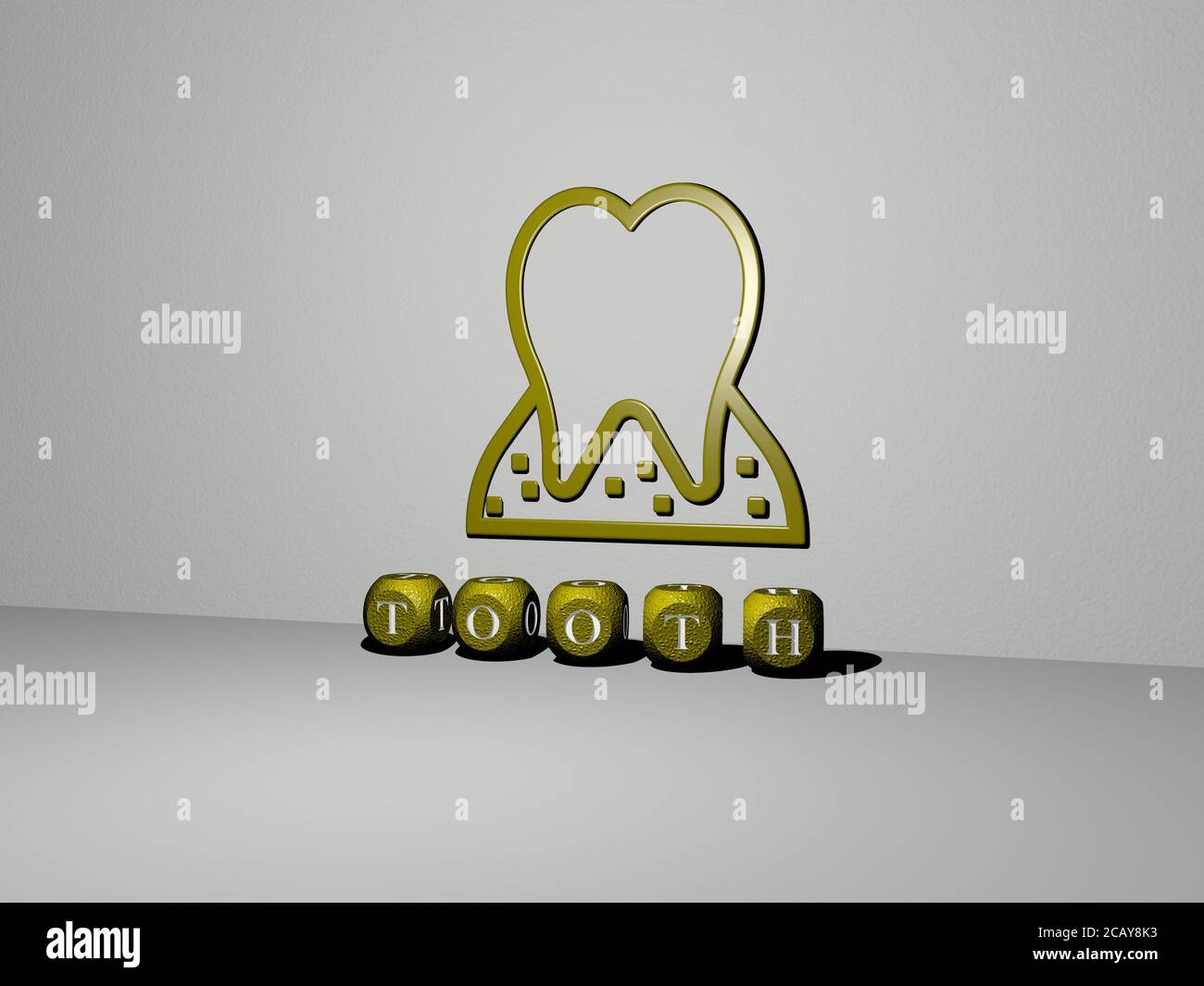 TOOTH 3D icon on the wall and text of cubic alphabets on the floor. 3D ...