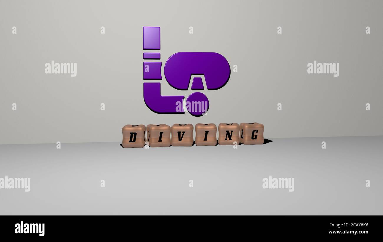 DIVING 3D icon on the wall and cubic letters on the floor. 3D ...